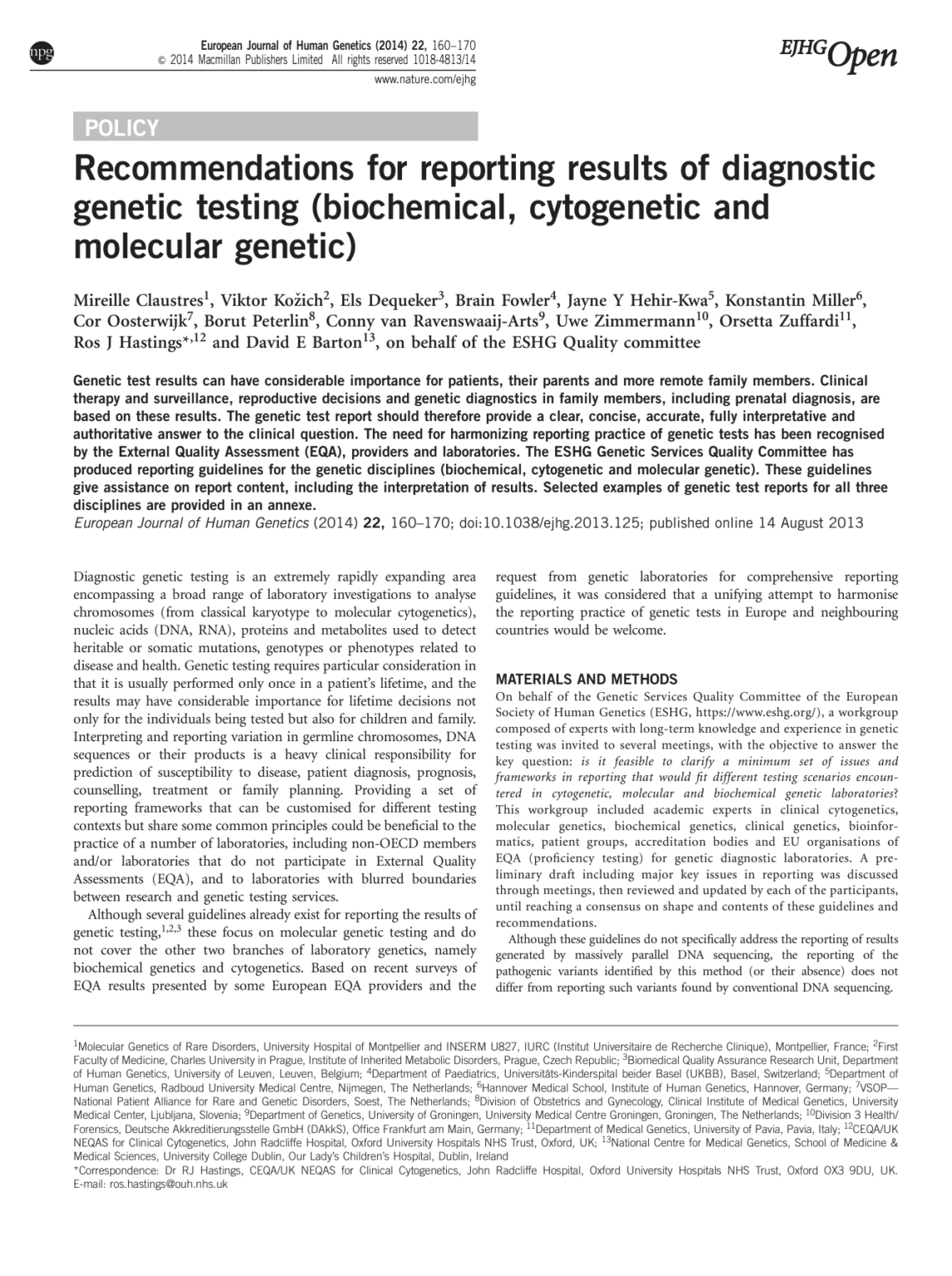 Reporting results of diagnostic genetic testing - EMQN