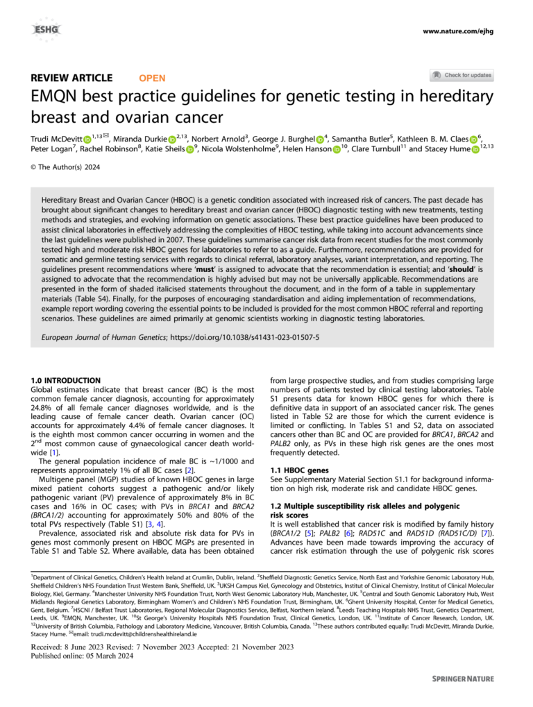EMQN best practice guidelines for genetic testing in hereditary breast ...